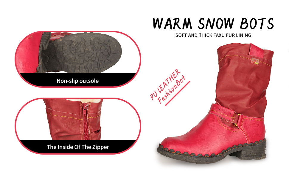 About our product：TMA EYES Buckle-Accent Leather Faux Fur Women Boots